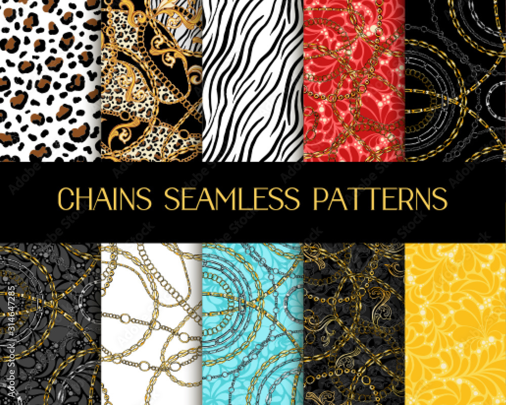 Chains Patterns Collection. Vector Chain Seamless Patterns with Zebra ...