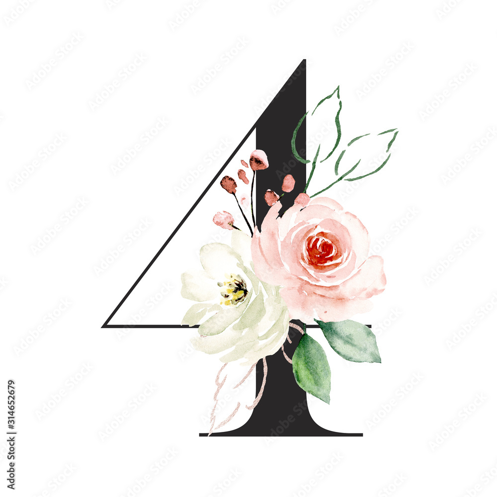 ภาพประกอบสต็อก Number 4 with watercolor flowers roses and leaf ...