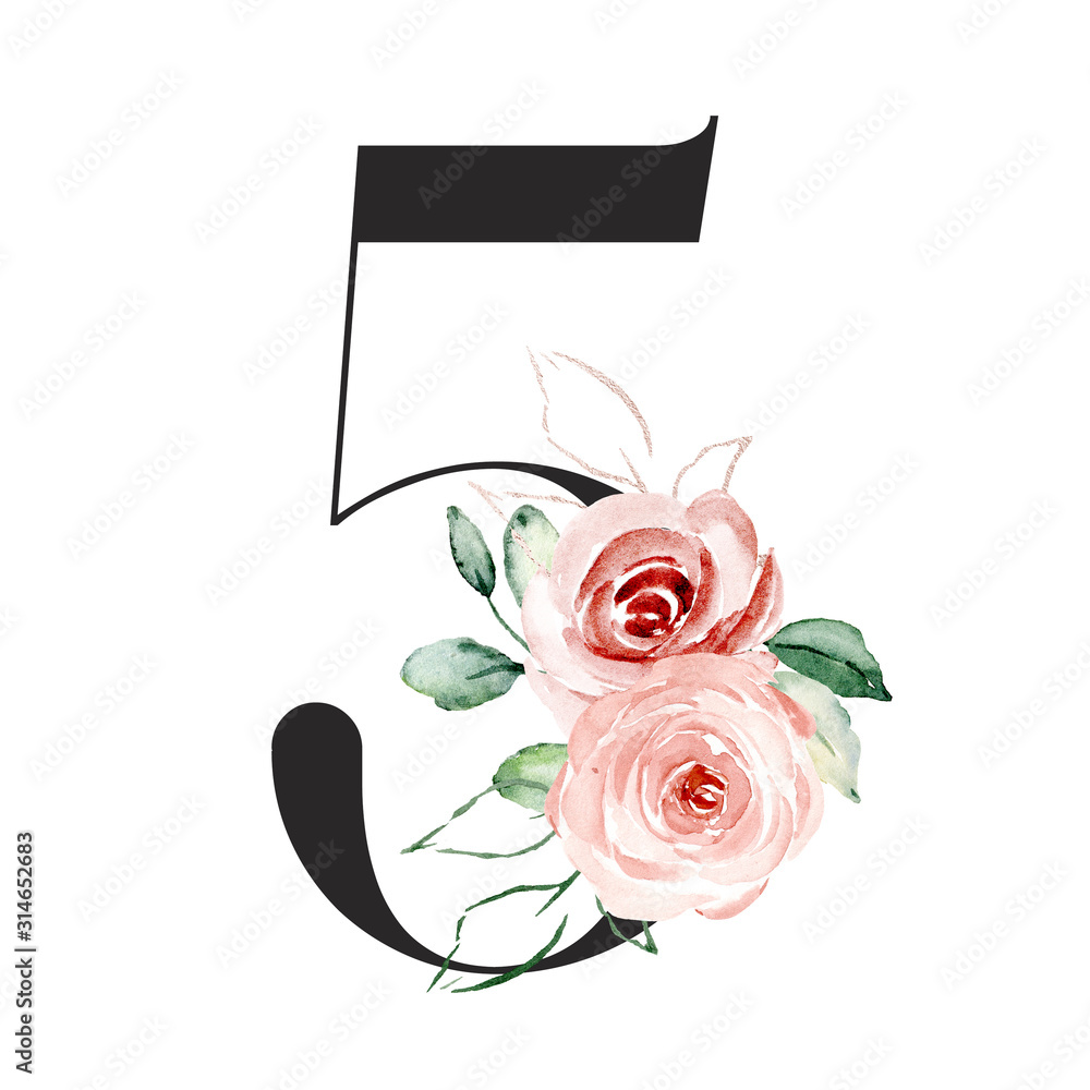 Number 5 with watercolor flowers roses and leaf. Perfectly for wedding ...