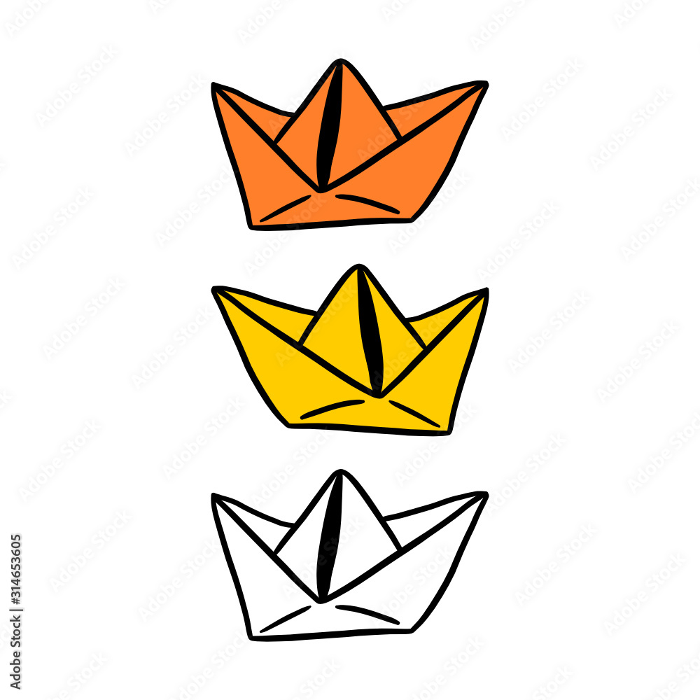 Set of simple origami hand drawn cartoon paper boats. Doodle style ...