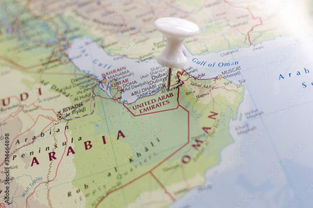 United Arab Emirates or U.A.E. on the map of the world. Stock Photo ...