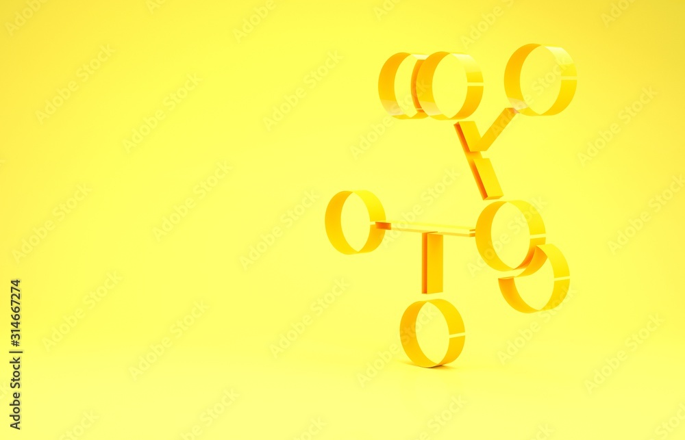 Yellow Molecule icon isolated on yellow background. Structure of ...