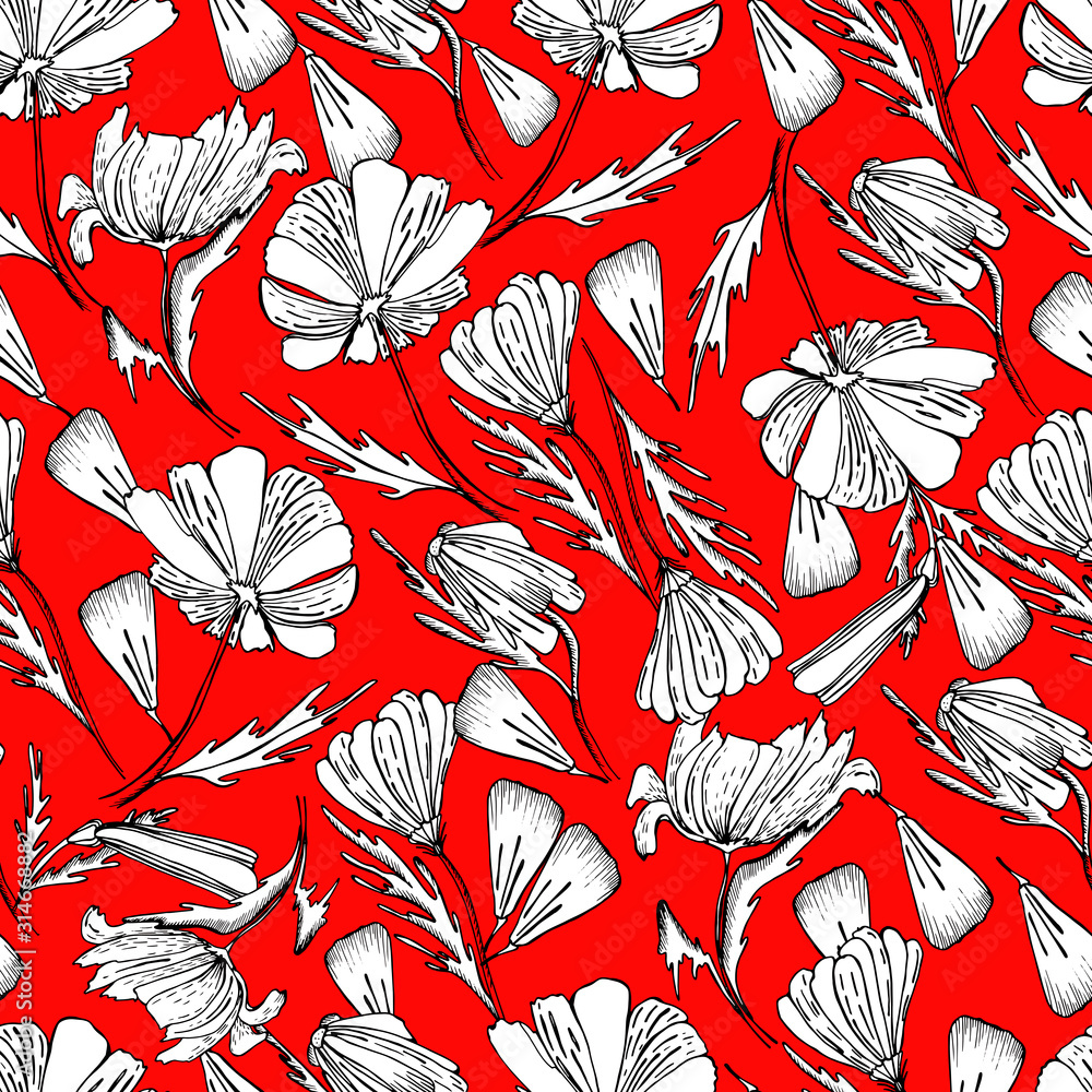 Pattern with summer flowers, primroses, daisies. Hand drawn ink garden ...