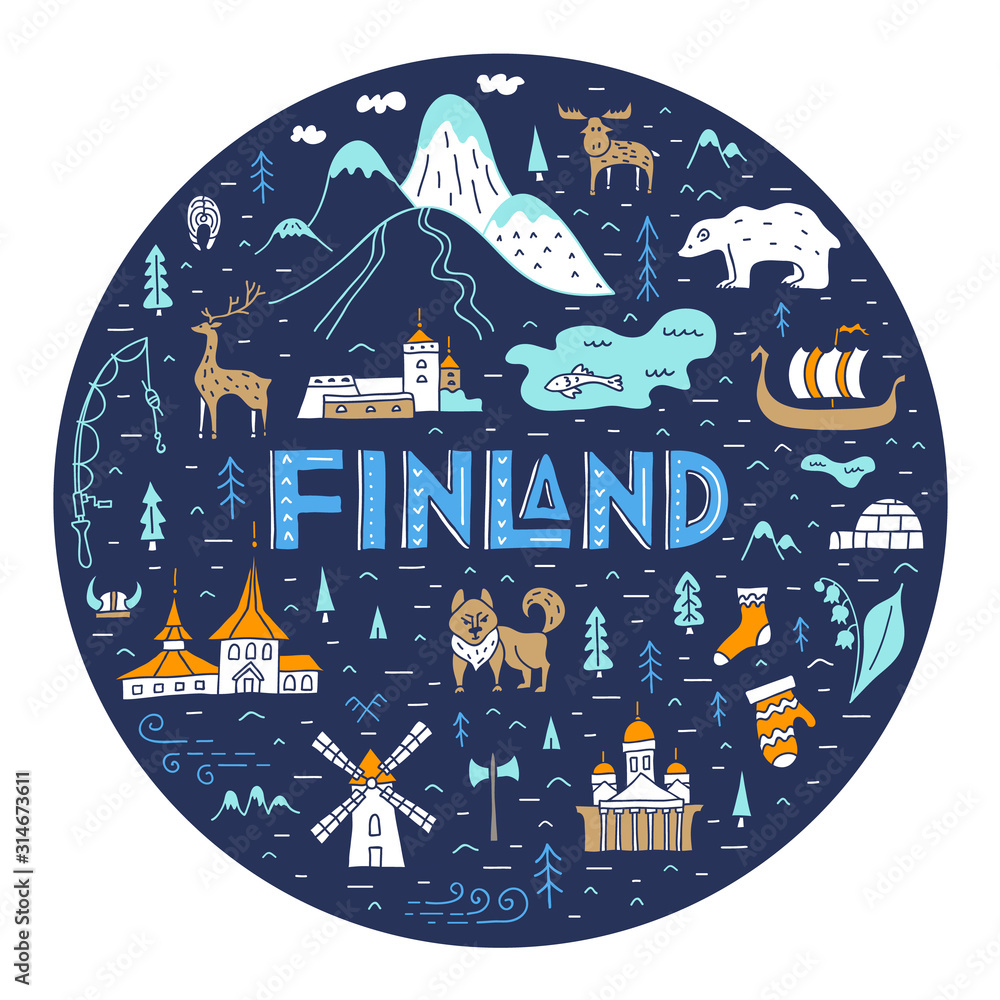 Vetor de Finland. Round frame with lettering and the main symbols of ...