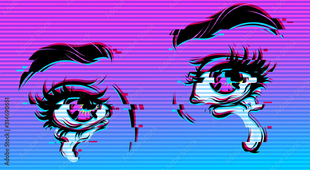 Vector comic illustration of crying eyes. Digital glitch effect ...