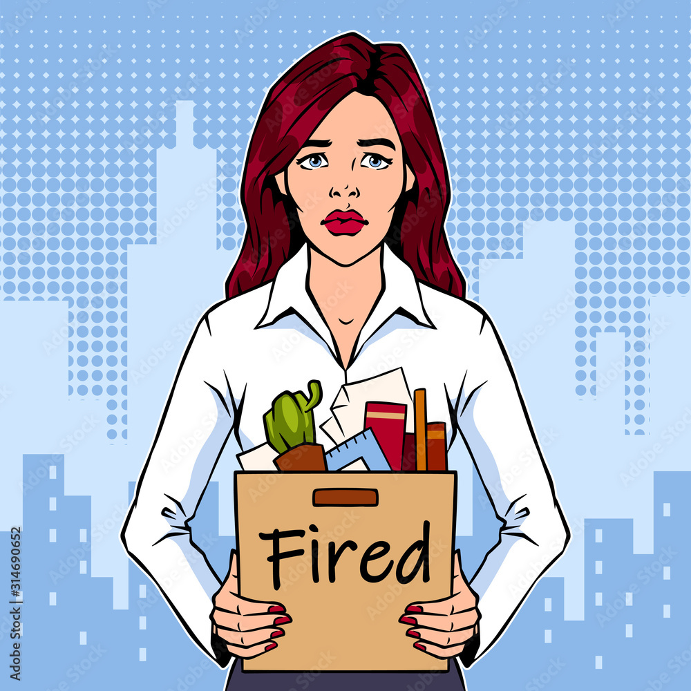 Sad woman holding box with belongings. Fired worker, losing a job. Pop ...