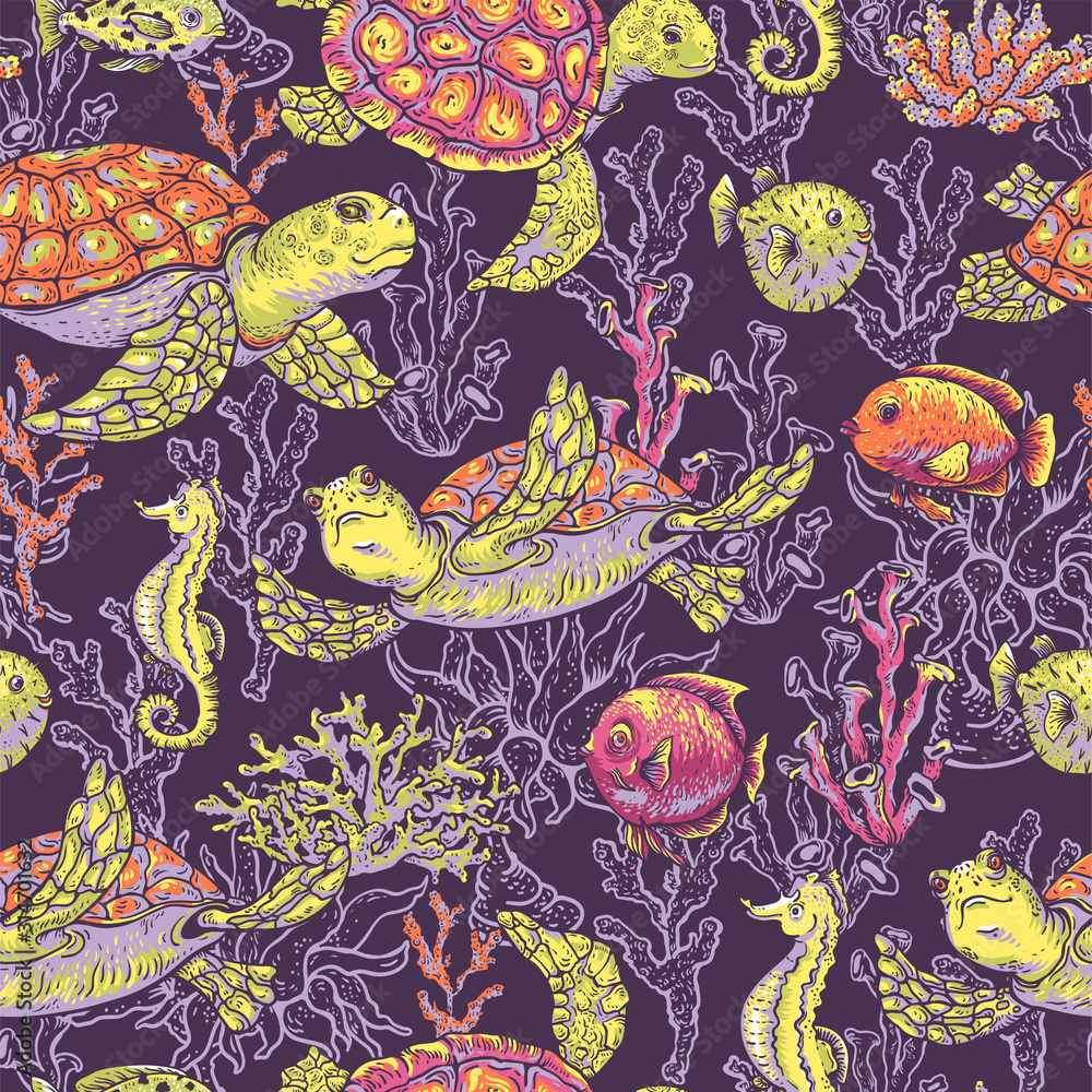 Vintage sea life natural seamless pattern, underwater vector texture ...