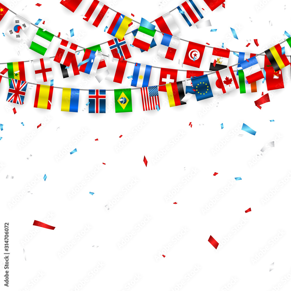 Colorful flags garland of different countries of the europe and world ...
