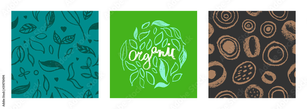 Floral pattern with seamless hand drawn ornaments. Healthy food badge ...