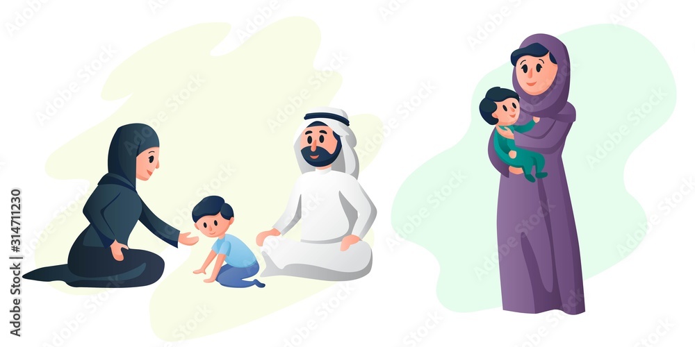 Arabic happy family, mother and father playing with their children ...