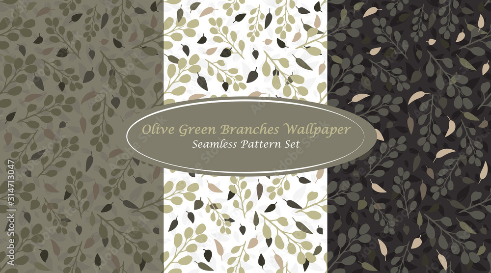 Olive Green Branches Wallpaper Set Classic Abstract Seamless Repeating ...