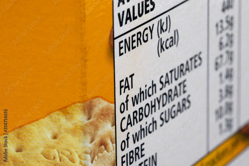 Fat content information displayed on food packaging label with shallow ...