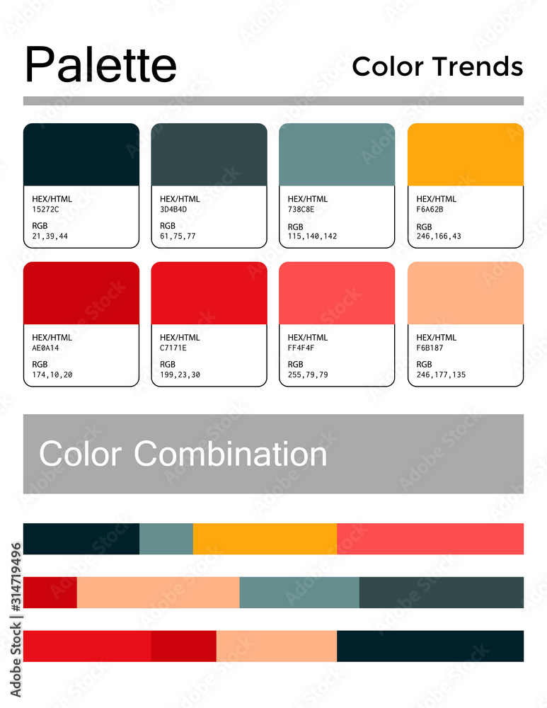 Color palette, harmonious combination, codes and names. Fashion colors ...