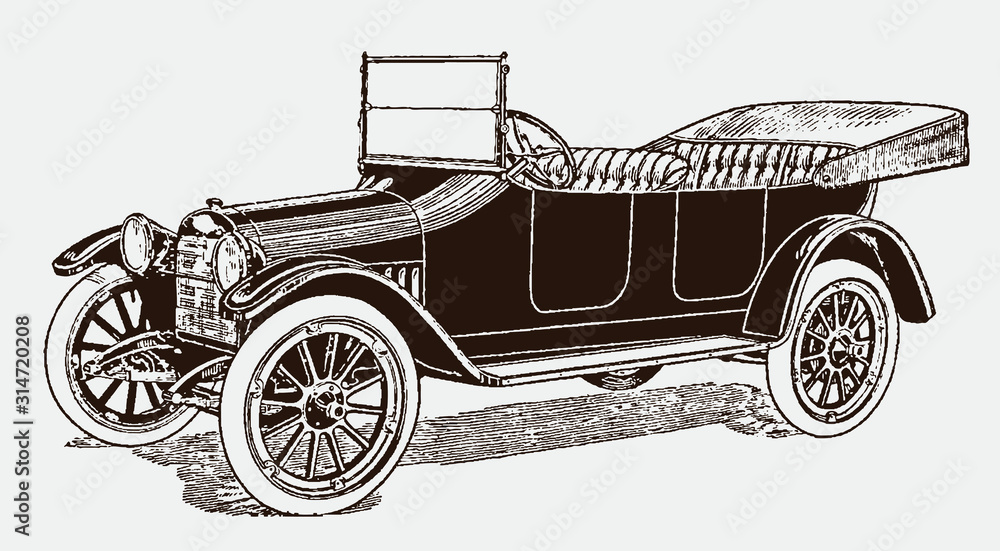 Antique 5-passenger touring car in three-quarter front view ...