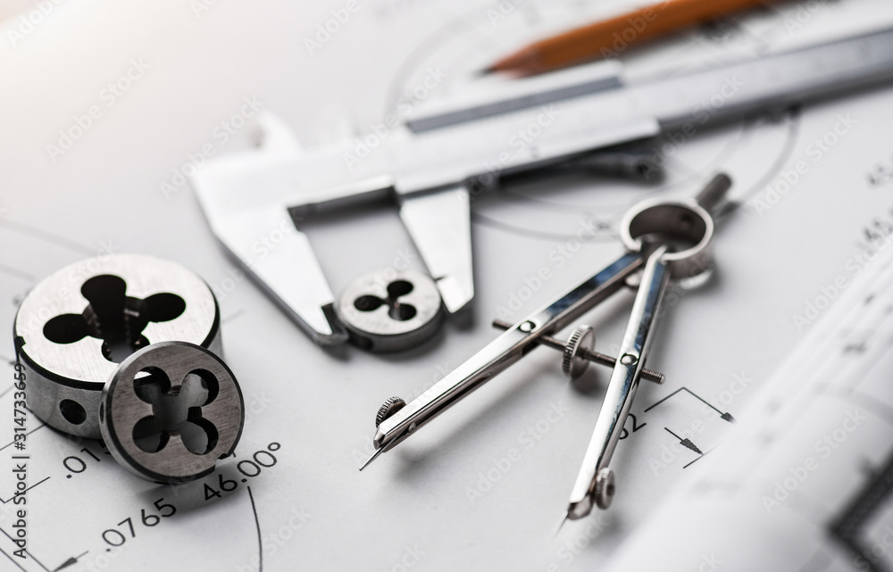 Technical drawings with measure tools. Pencil, measurement. Papers with ...