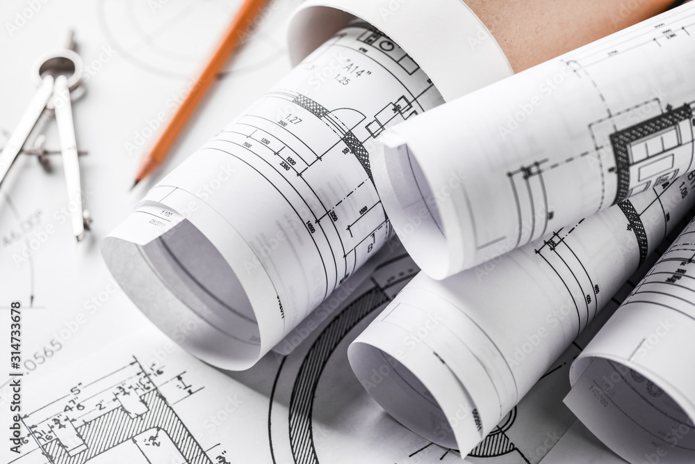 Technical drawings with measure tools. Pencil, measurement. Papers with ...