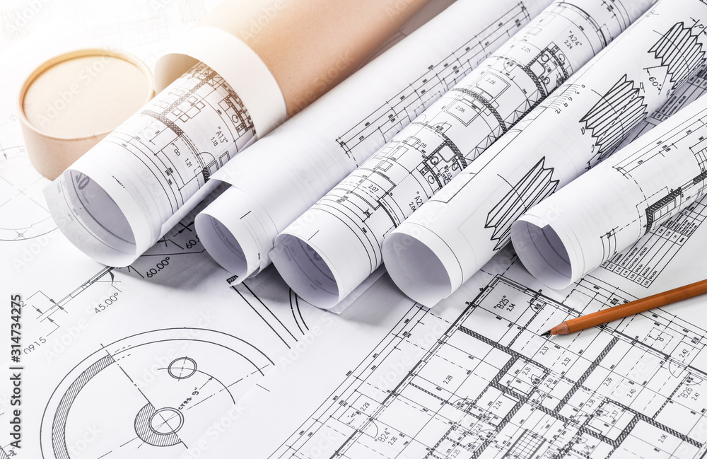 Technical drawings with measure tools. Pencil, measurement. Papers with ...