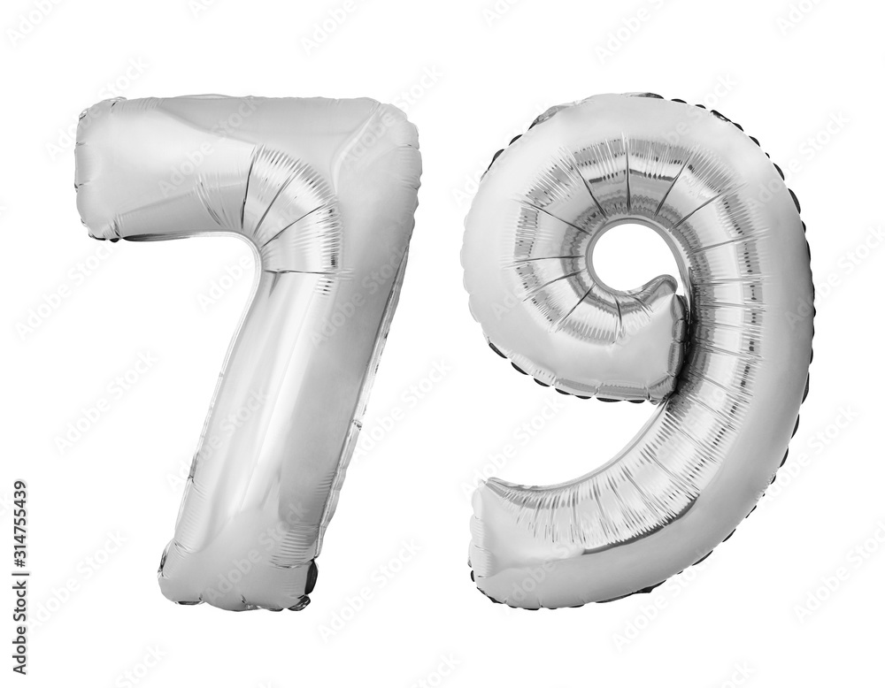 Number 79 seventy nine of silver inflatable balloons isolated on white ...
