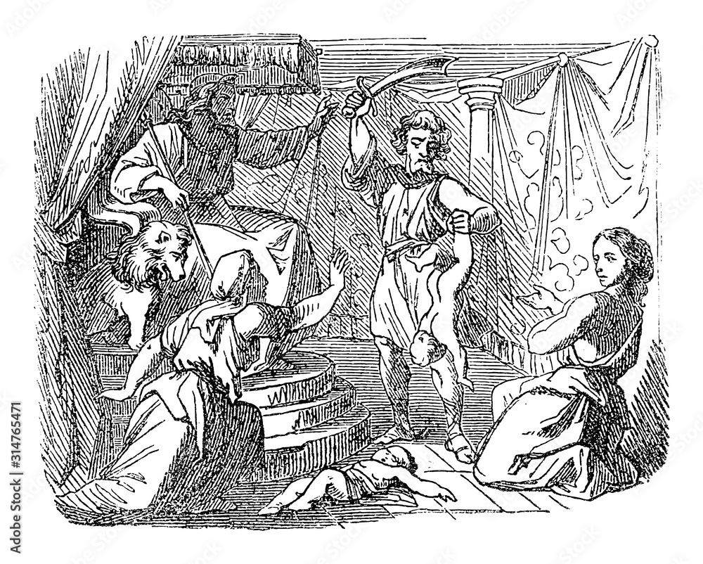 Vintage line drawing or engraving of biblical story of king Solomon ...