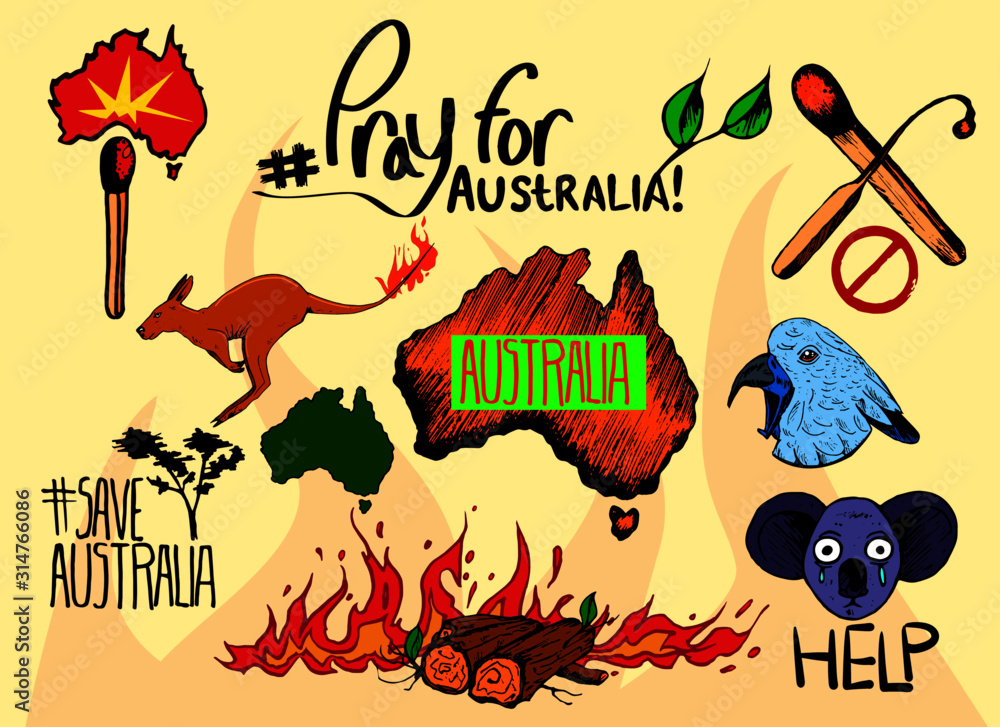 Color vector set with animals running from a fire in Australia. The set ...