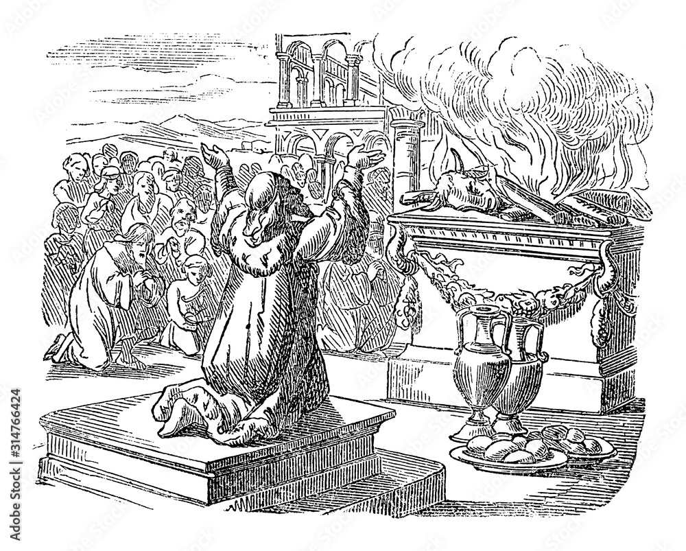 Vintage line drawing or engraving of biblical story of king Solomon ...