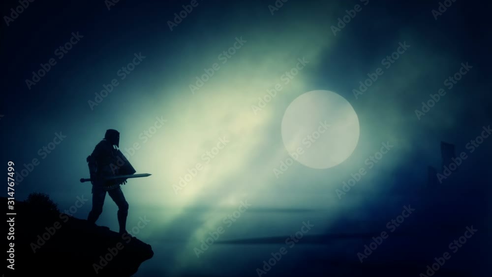 Heroic Knight Standing on a Cliff on a Full Moon Knight Stock ビデオ ...