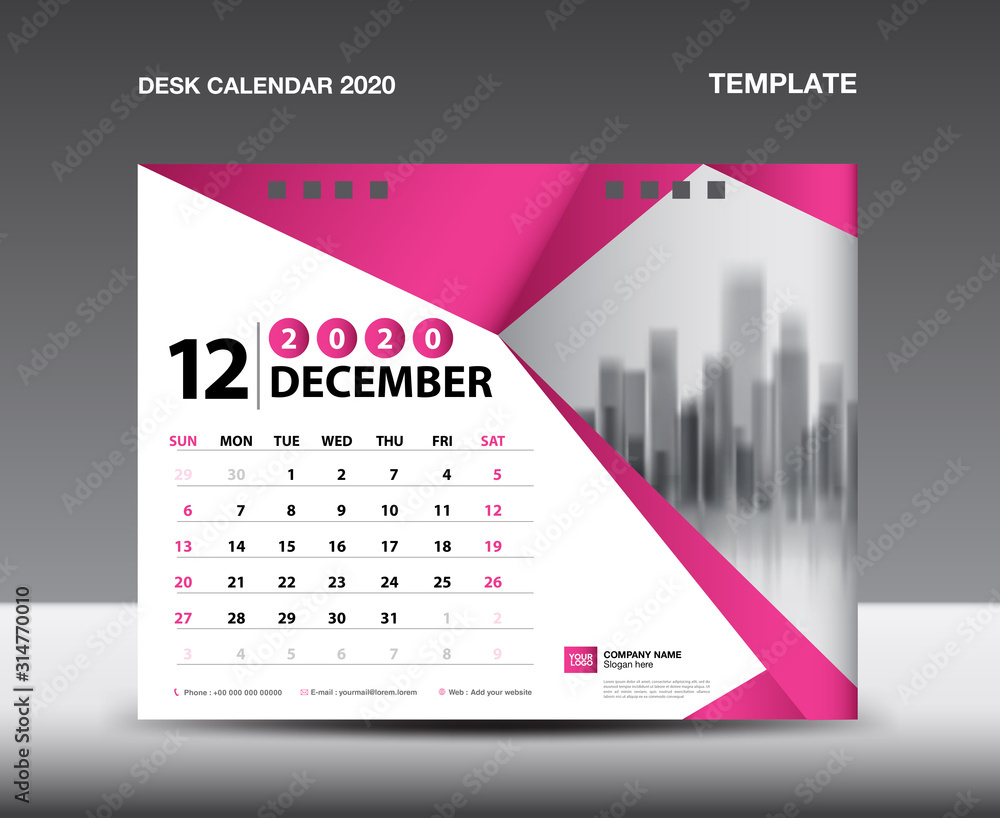Desk Calendar 2020 Template vector, DECEMBER 2020, Week starts Sunday ...