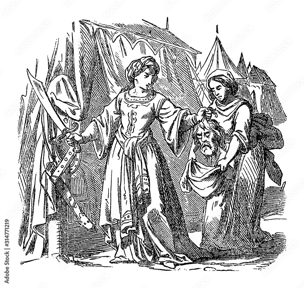 Vintage drawing or engraving of biblical story of Judith putting head ...