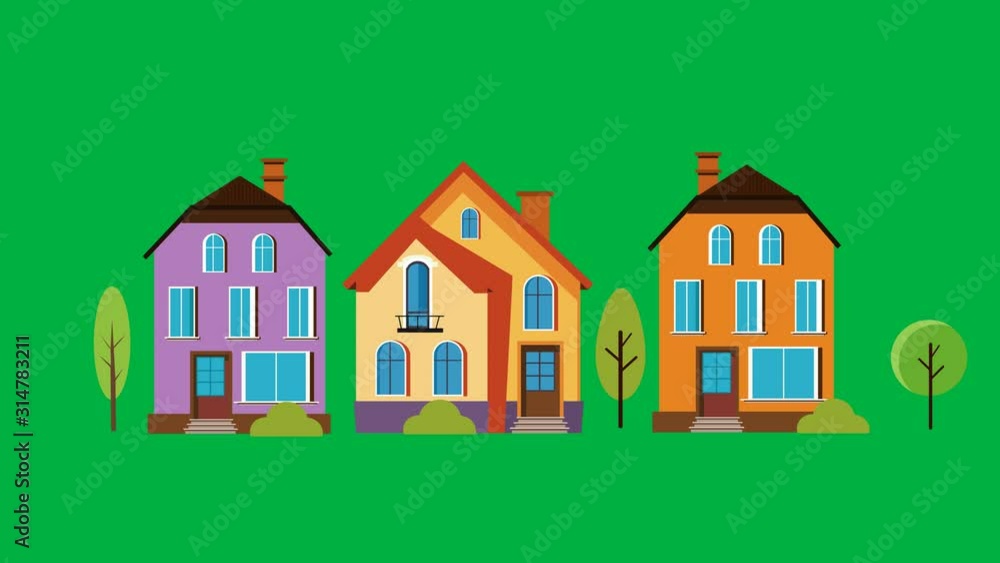 Houses Pop Up Animation in Green Screen Background Showing Environment ...
