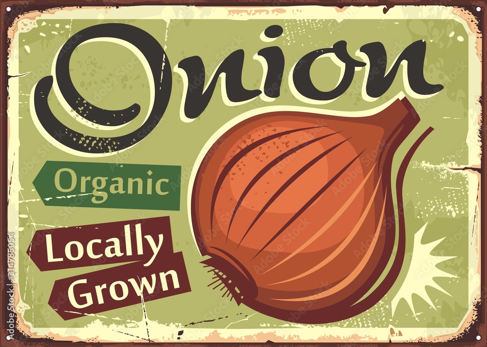 Vegetables sign. Onion locally grown organic farm product retro poster ...