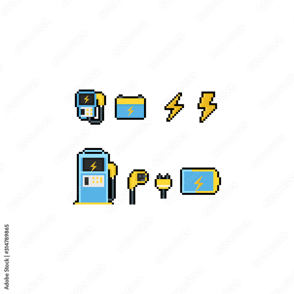 Pixel art electric car charger icon set. Stock Vector | Adobe Stock