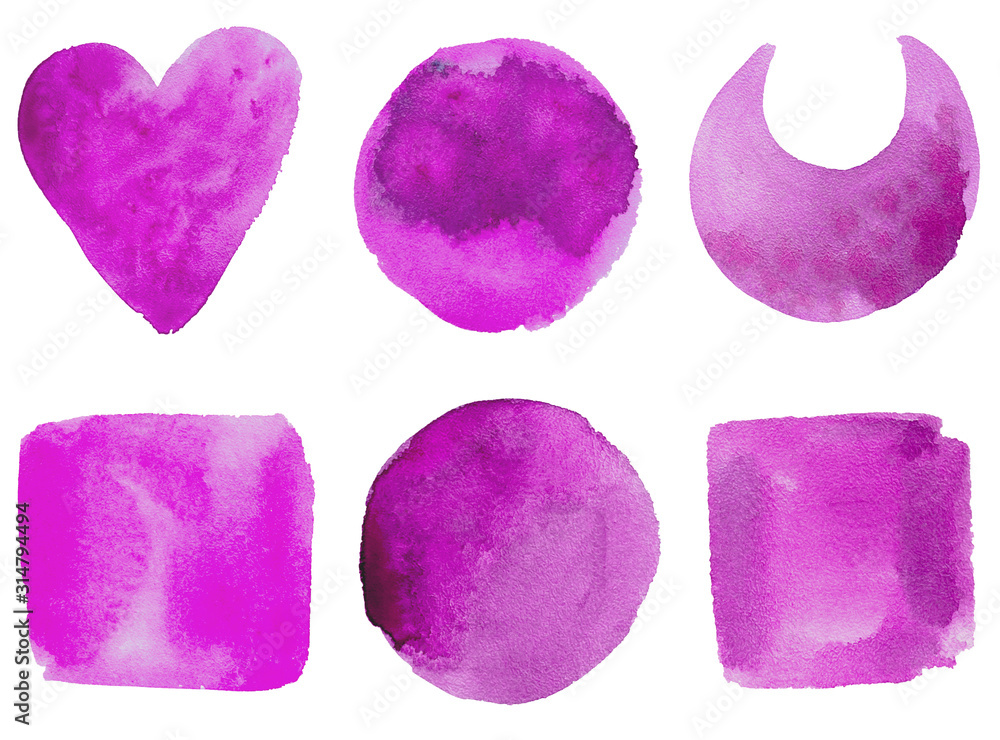 Isolated Set of hand drawn watercolor shapes: circle, square, heart ...