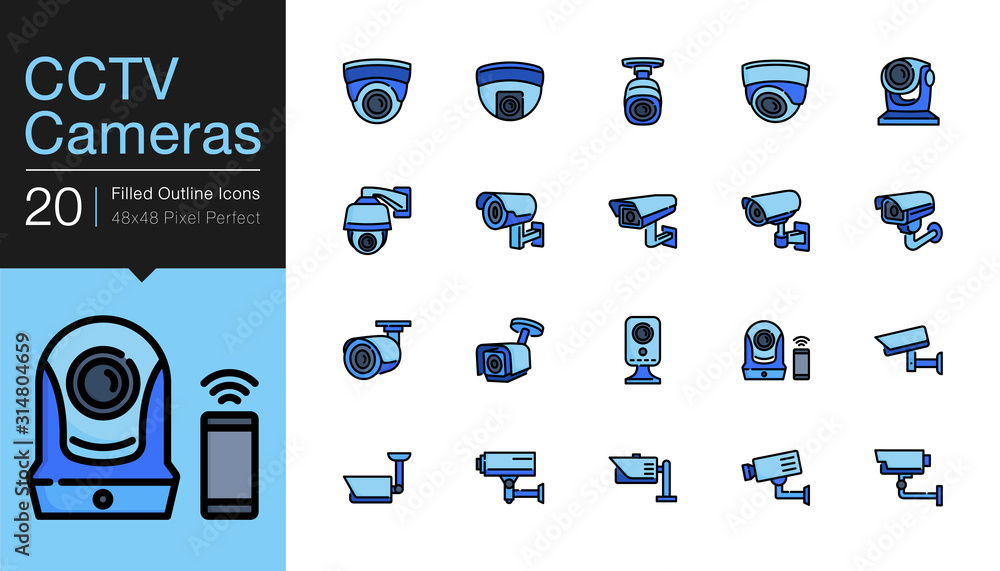CCTV Cameras & Security Camera Systems icons. Filled outline icon ...