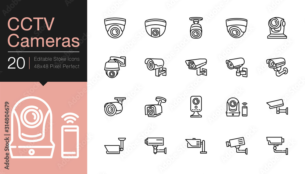 CCTV Cameras & Security Camera Systems icons. Modern line design. For ...