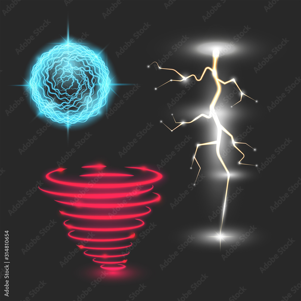 Glowing magic lightning set, energy ball, neon fantasy tornado ...