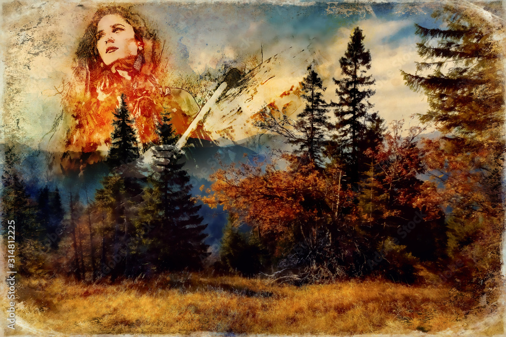 beautiful shamanic girl playing on shaman frame drum in the nature ...