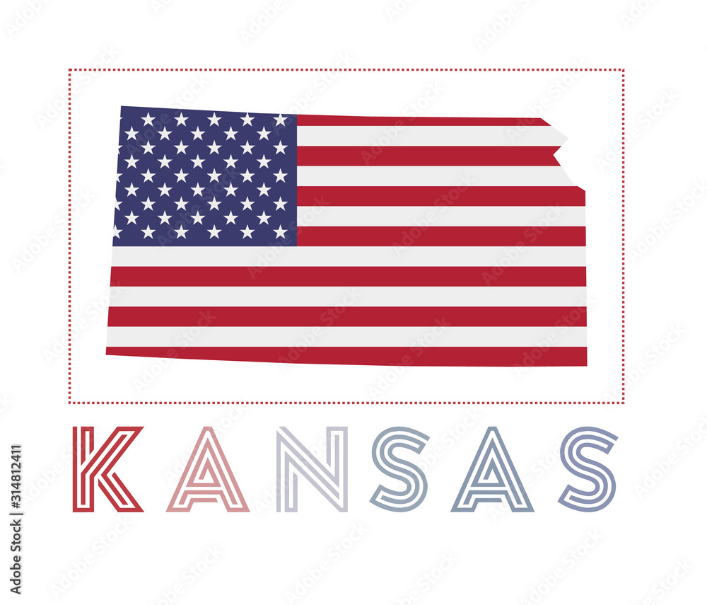 Kansas Logo. Map of Kansas with us state name and flag. Powerful vector ...