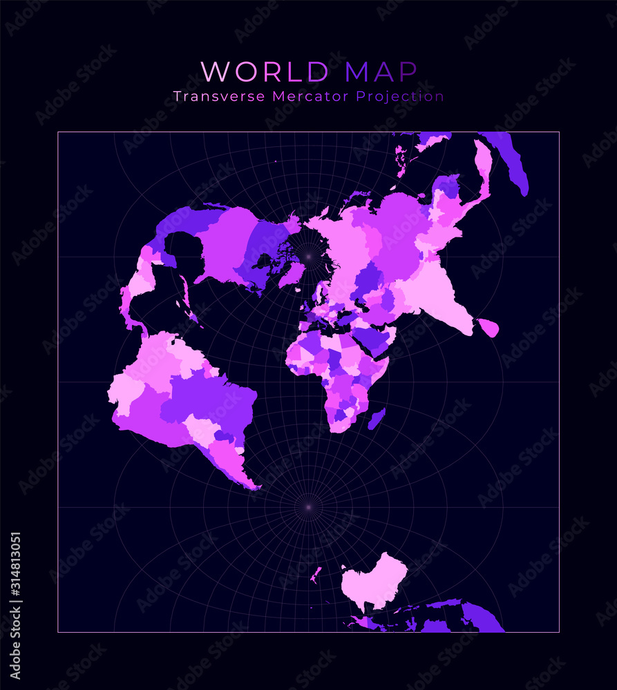 World Map. Transverse spherical Mercator projection. Digital world illustration. Bright pink ...