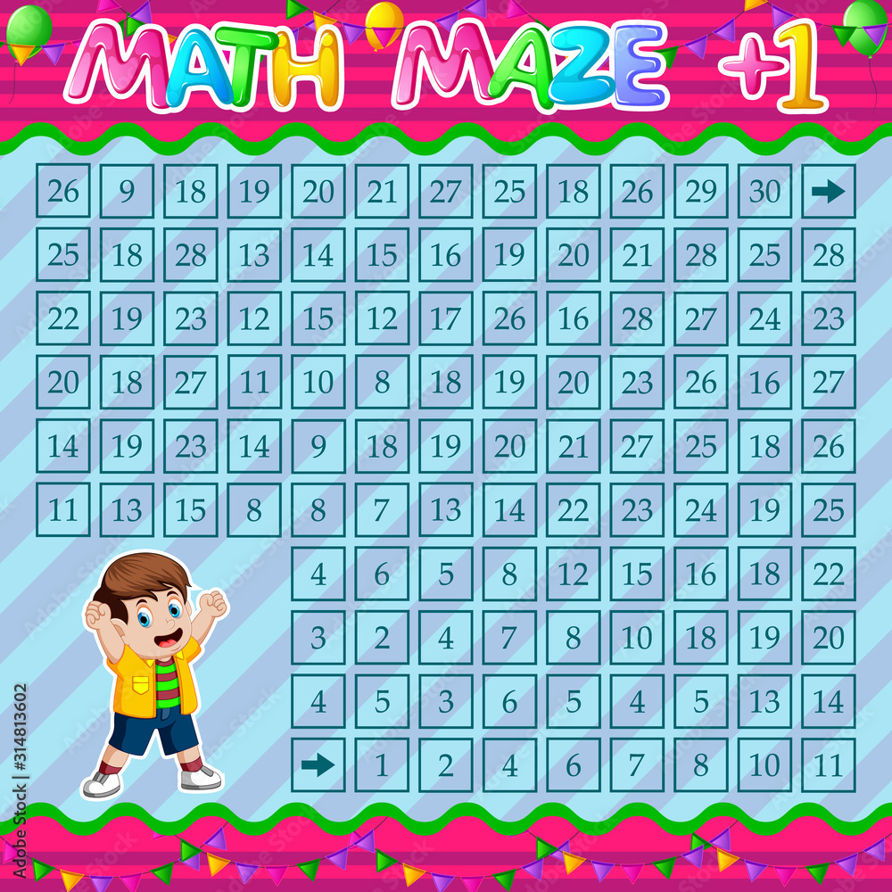 Math Maze Addition Worksheet with cute boy of illustration Stock Vector ...