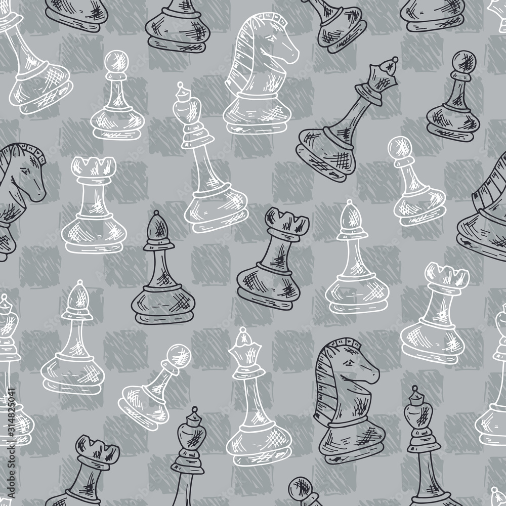 Chess Pieces Vector Seamless pattern. Black and white chess pieces ...