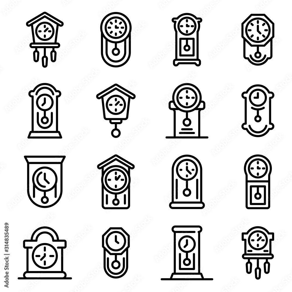 Pendulum clock icons set. Outline set of pendulum clock vector icons for web design isolated on ...