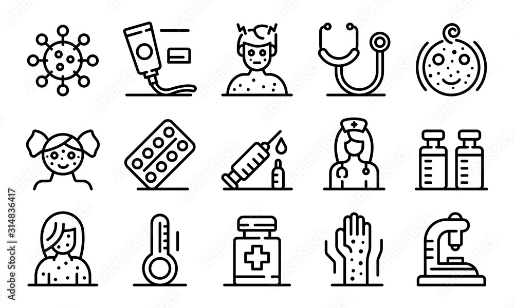 Chicken pox icons set. Outline set of chicken pox vector icons for web ...