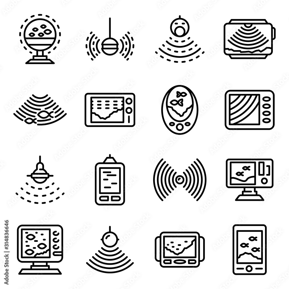 Echo sounder icons set. Outline set of echo sounder vector icons for ...