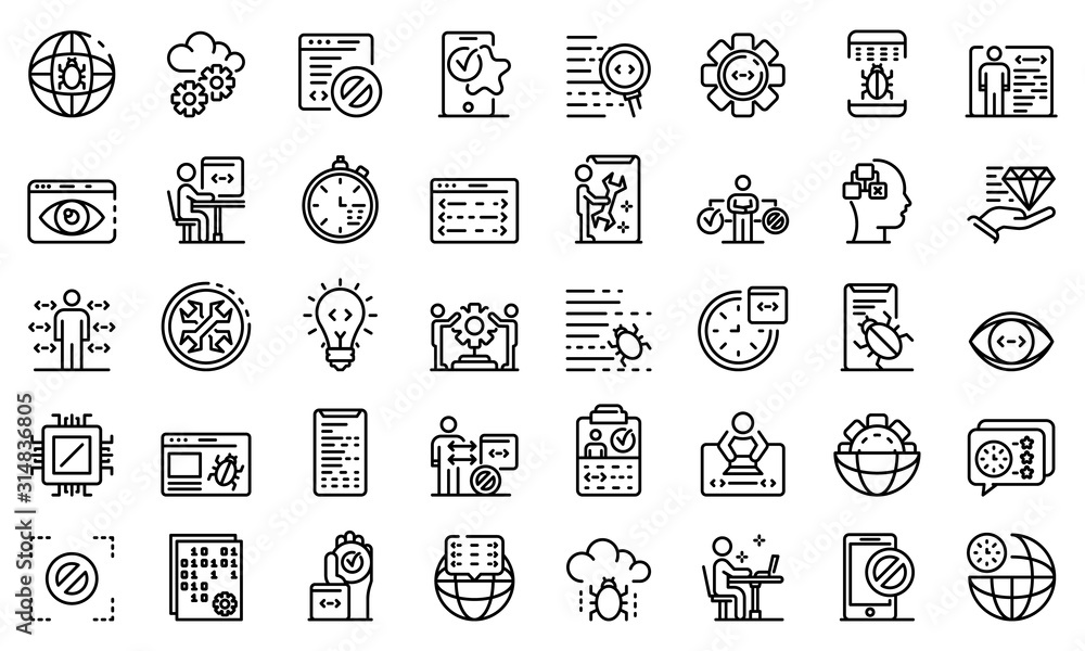 Testing software icons set. Outline set of testing software vector ...