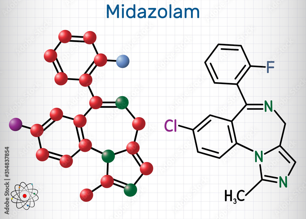 Midazolam molecule. Is a short-acting drug with anxiolytic ...