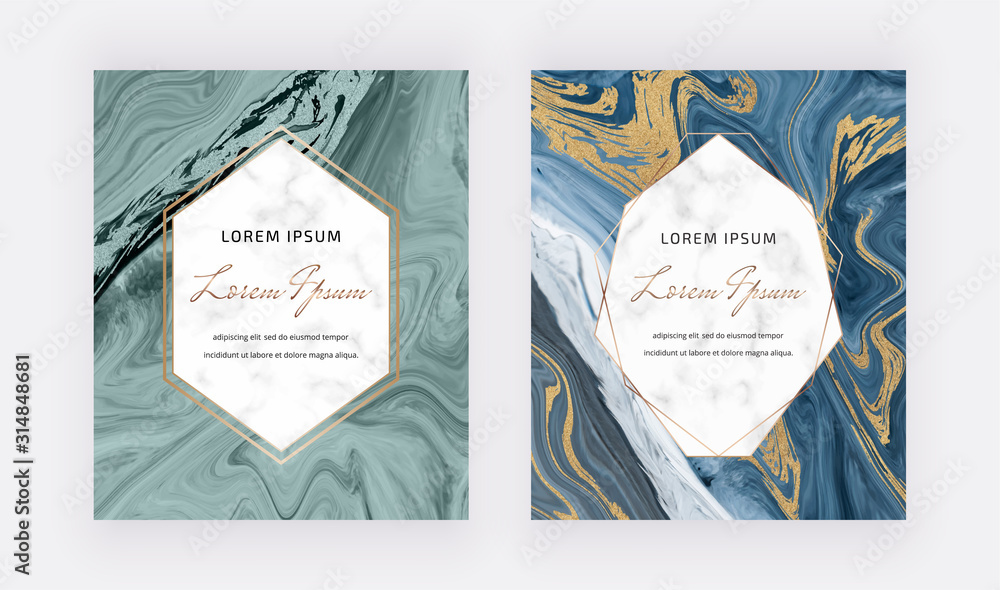 Blue liquid cards with gold glitter and marble frame texture. Ink ...