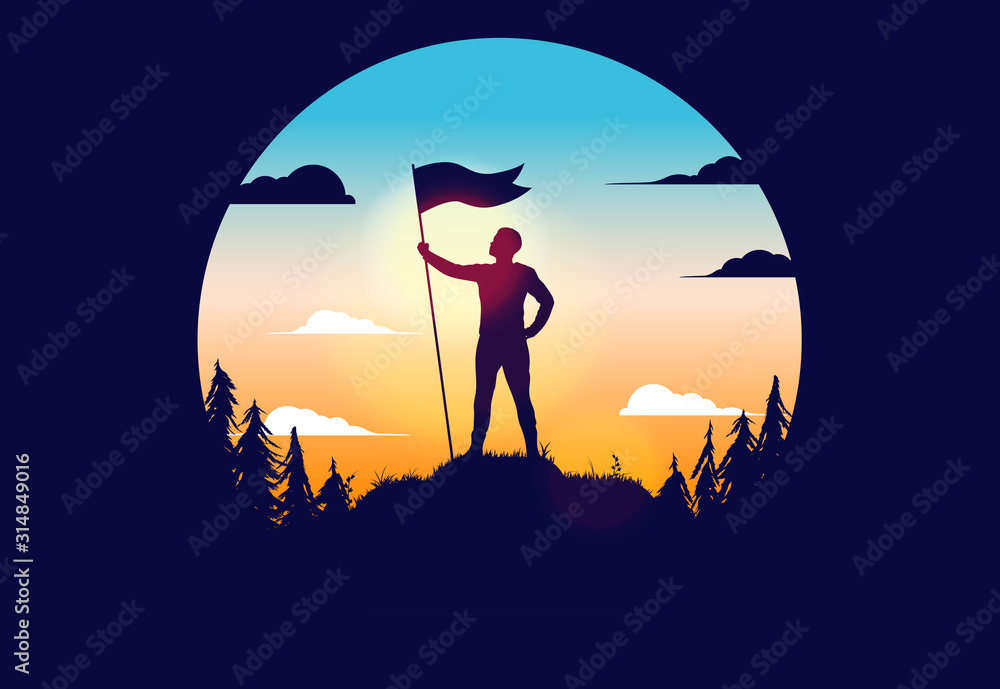 Raised flag on hill - proud man reached his goal, holding a flag on a ...