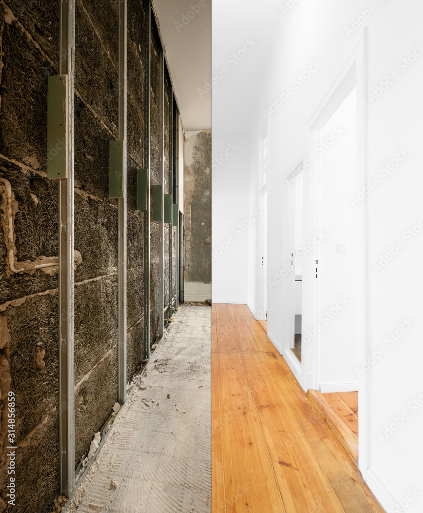 flat renovation, home interior before and after modernization - Stock ...