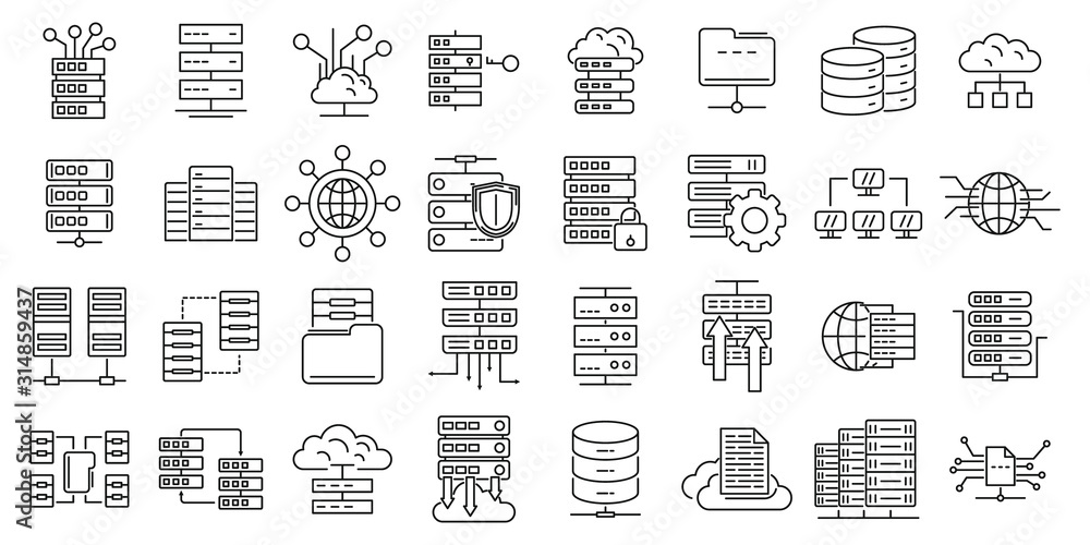Data center icons set. Outline set of data center vector icons for web ...