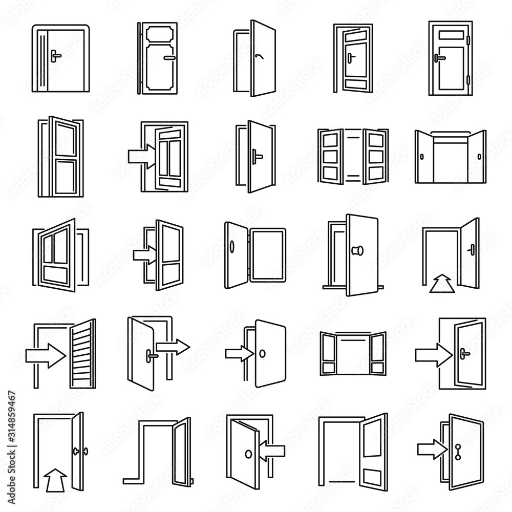 Entrance exit icons set. Outline set of entrance exit vector icons for ...
